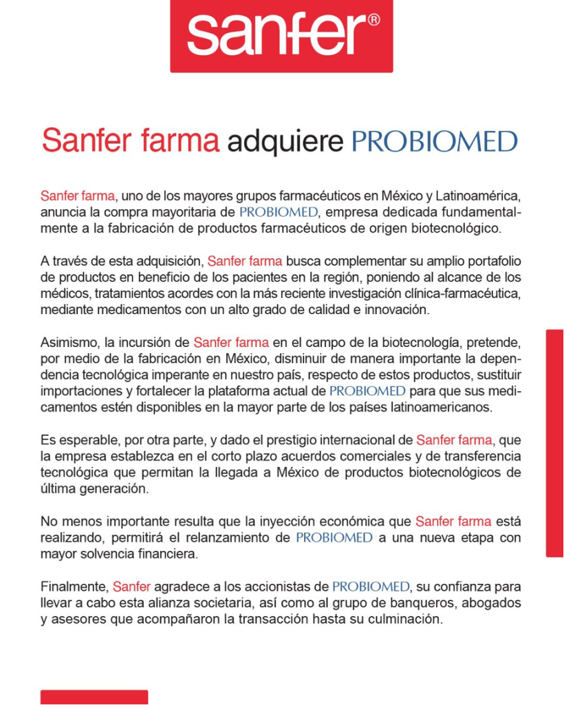 Anuncia Sanfer adquisición de Probiomed. | Código F